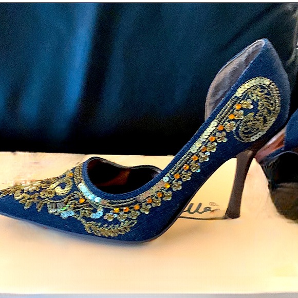 Anne Michelle | Shoes | Anne Michelle Blue And Gold Embellished Heels ...